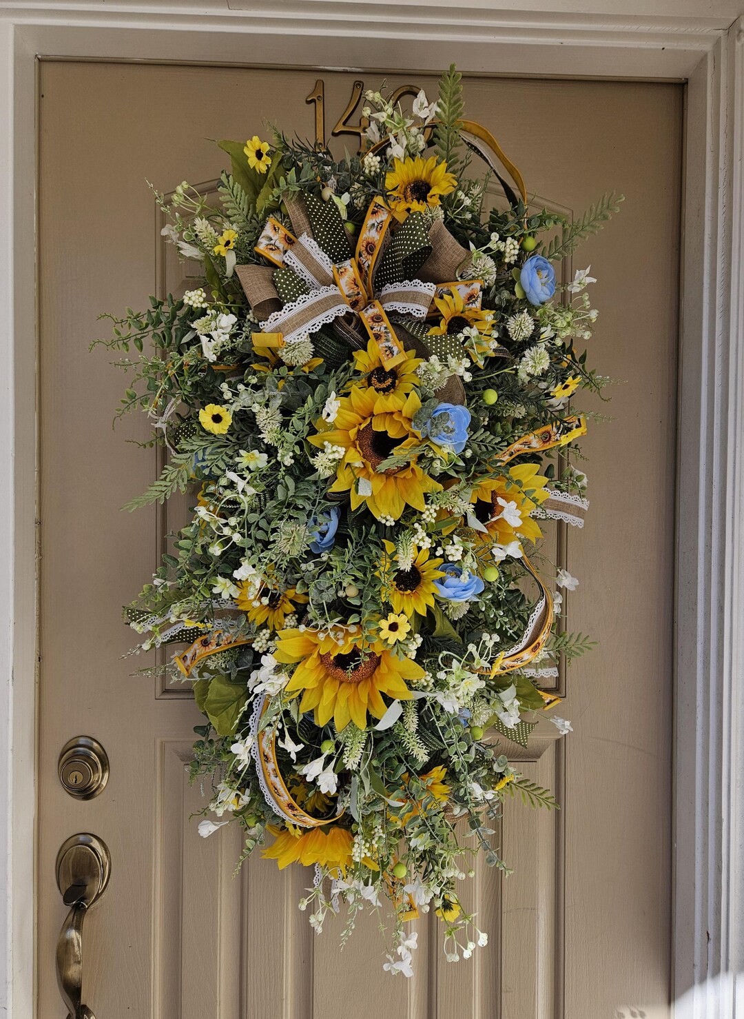 Rustic Sunflower Swag Wreath for Front Door, Yellow Floral Door Hanger ...