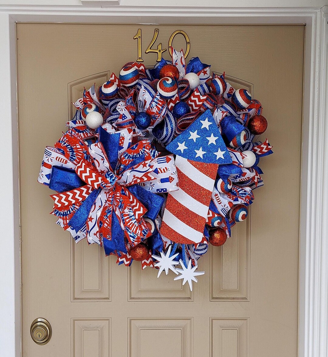 Firework Wreath for 4th of July, Patriotic Deco Mesh Door Wreath, Red ...