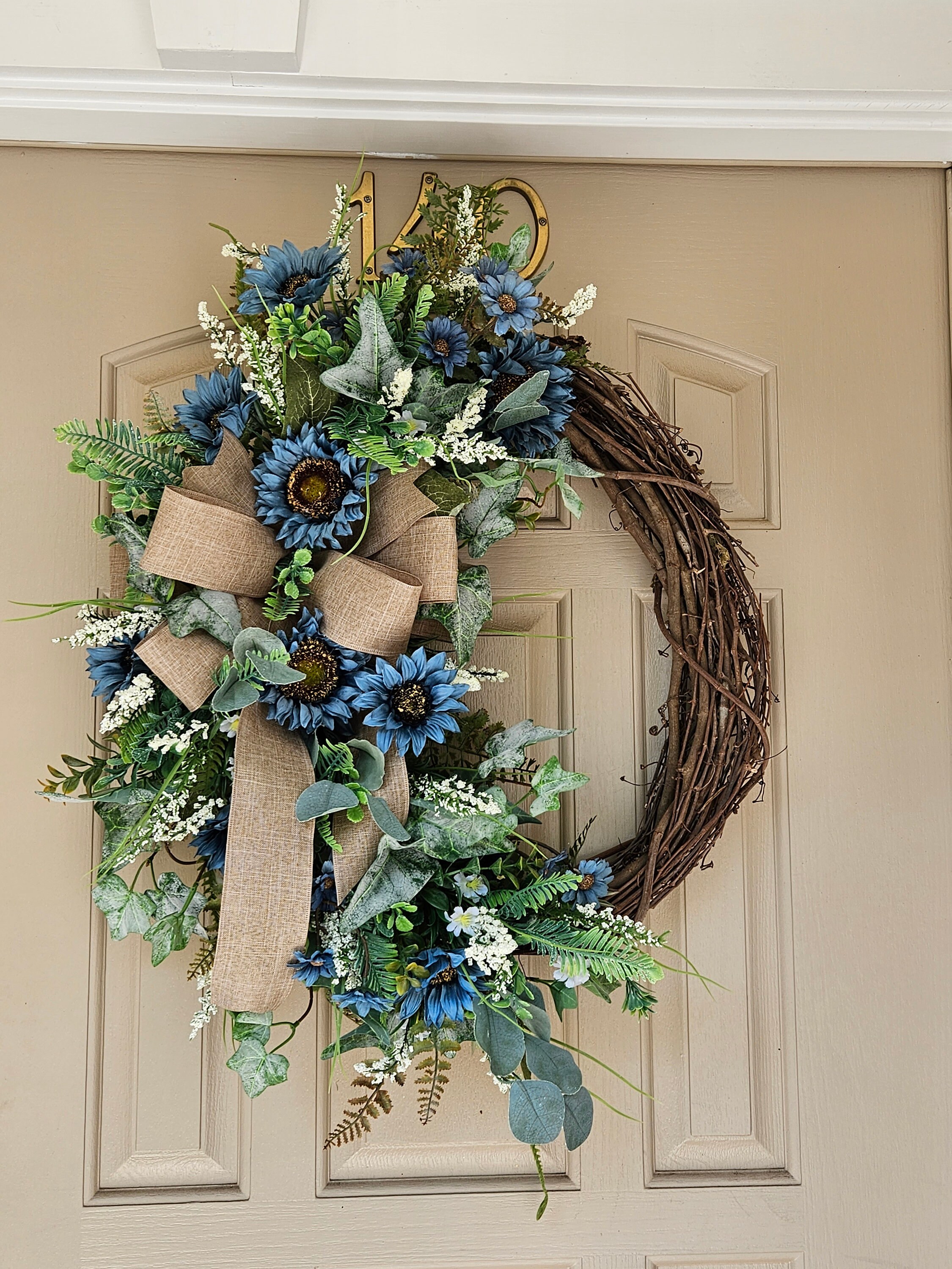 Smoke Blue Sunflower Wreath, Rustic Grapevine Door Wreath With Burlap ...