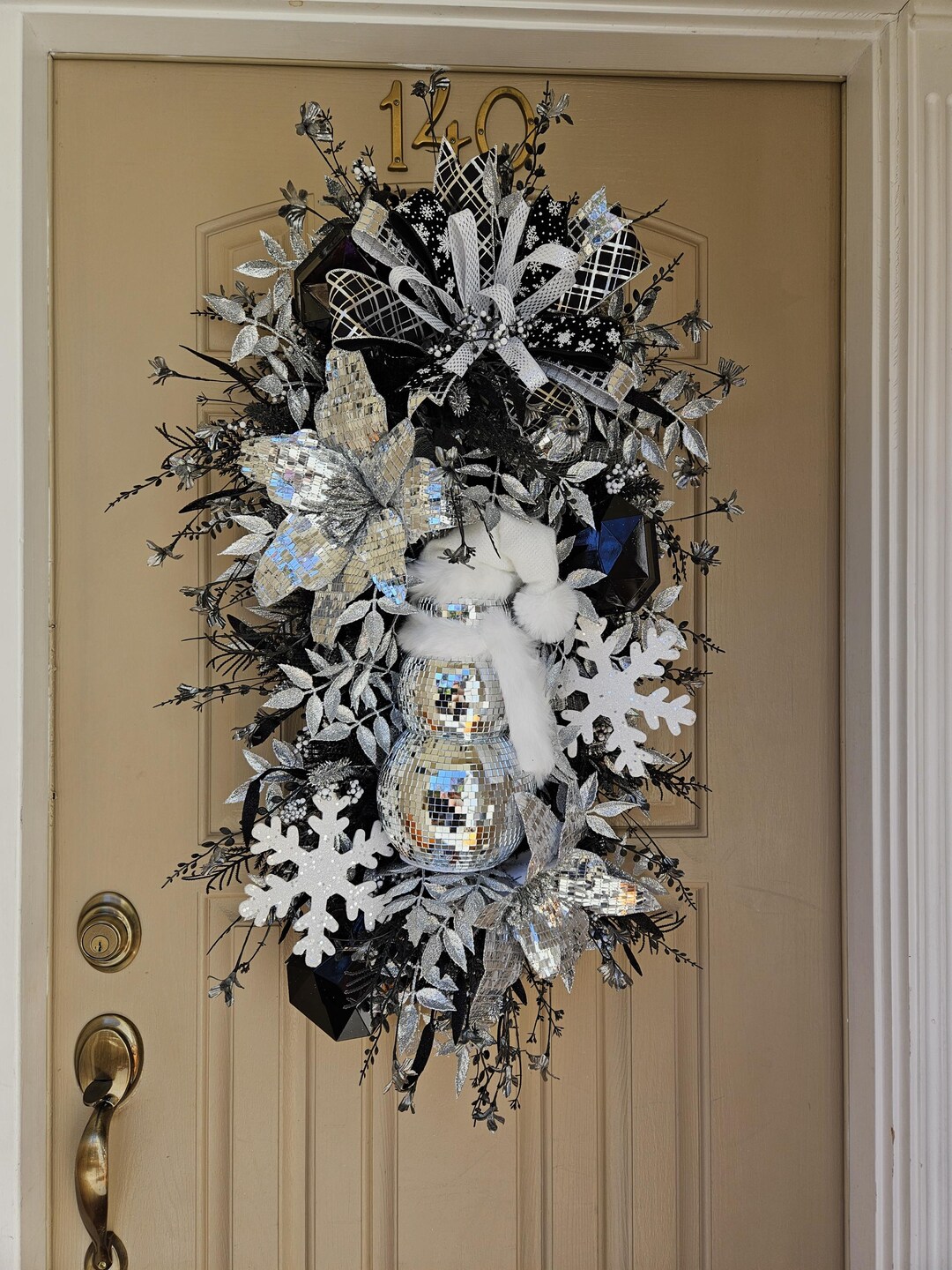 Disco Ball Snowman Swag Wreath, Silver Black Winter Door Decor, Glam ...