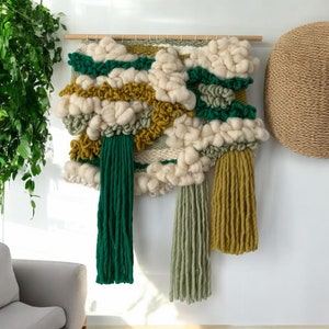 Hand Woven Weaving Wall Art / Modern Chunky Weaving Wall Hanging / Green Textured Fiber Art ...
