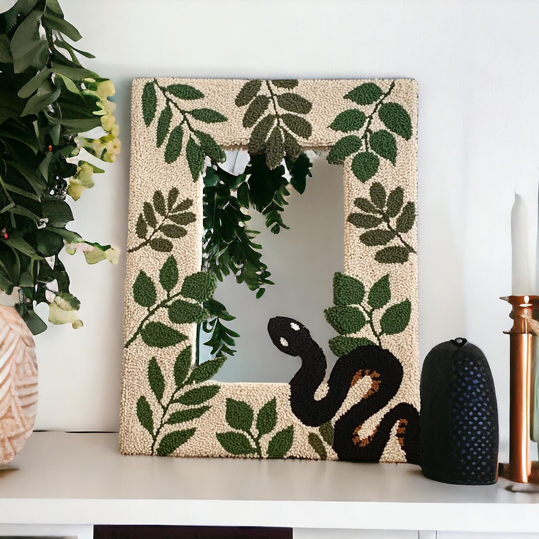 Handmade Tufted Mirror, Snake Pattern Punch Needle Mirror, Leaves and ...