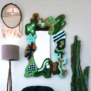 Handmade Tufted Mirror, Modern Punch Needle Mirror, Green Melting Round ...