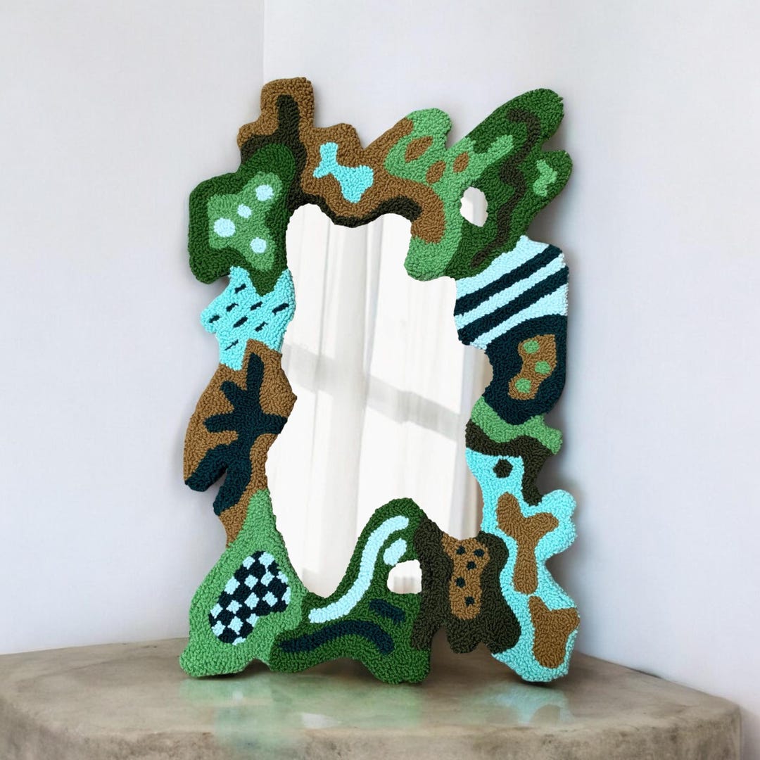 Handmade Tufted Mirror, Modern Punch Needle Mirror, Green Melting Round ...