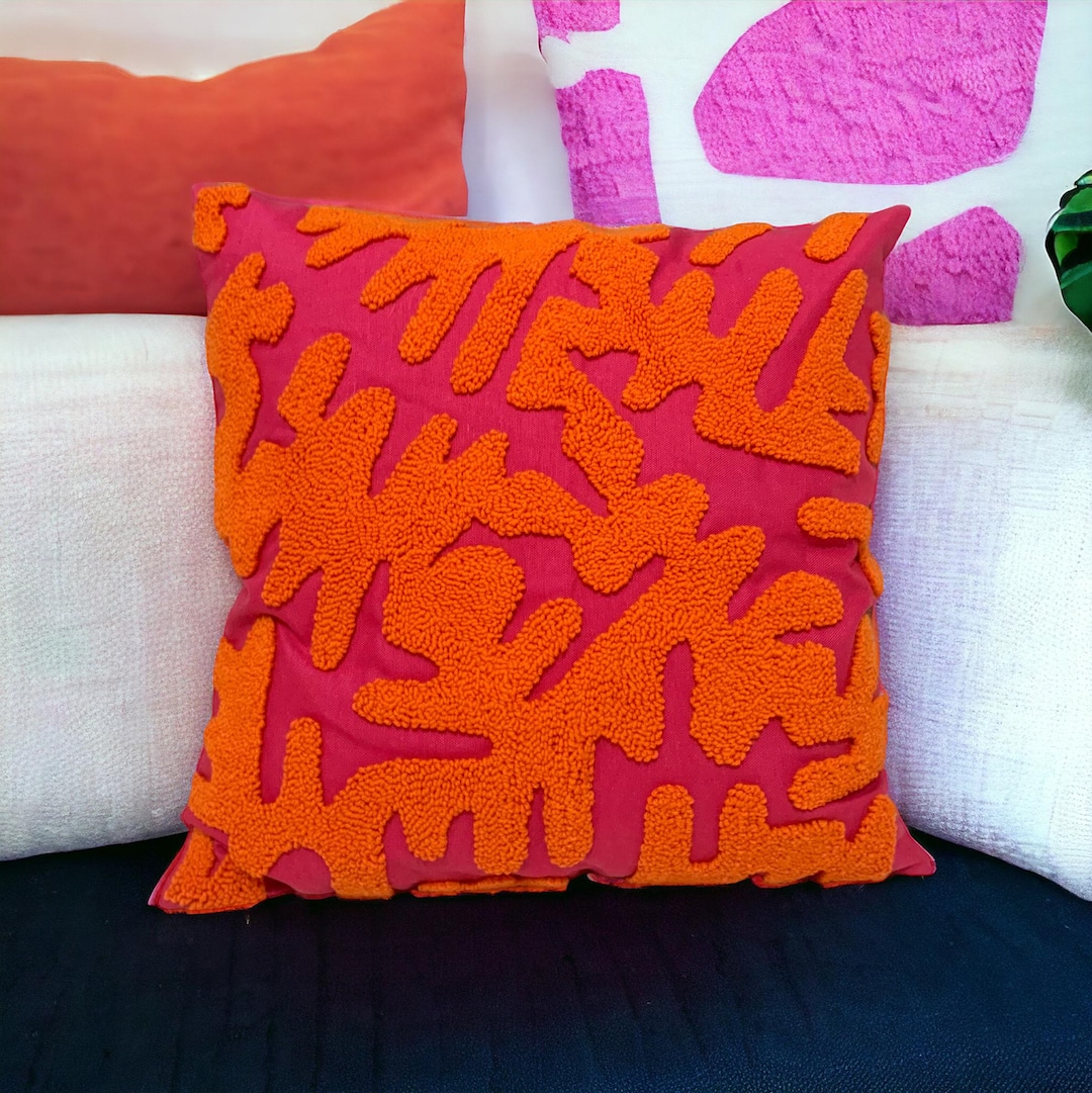 Punch Pillow , Hand Tufted Punch Needle Pillow Cover / Pink Orange ...