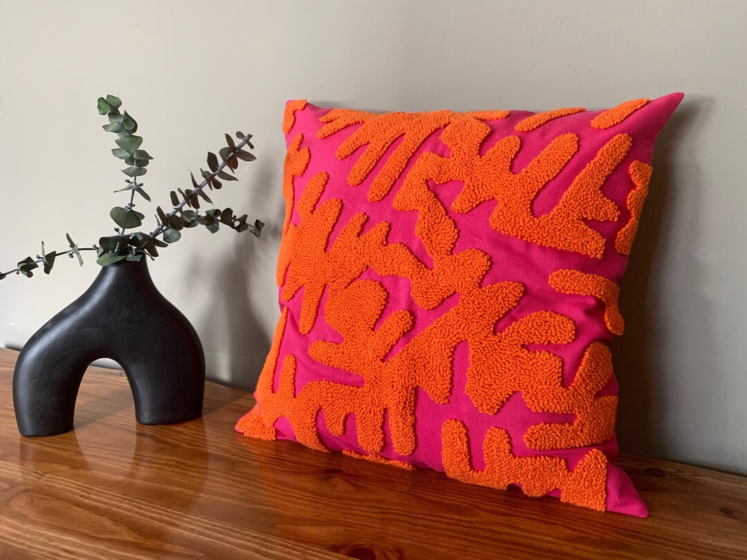 Punch Pillow , Hand Tufted Punch Needle Pillow Cover / Pink Orange ...