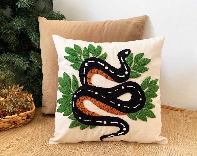 Handmade Snake Punch Needle Pillow Cover: Embroidered Cushion - Etsy