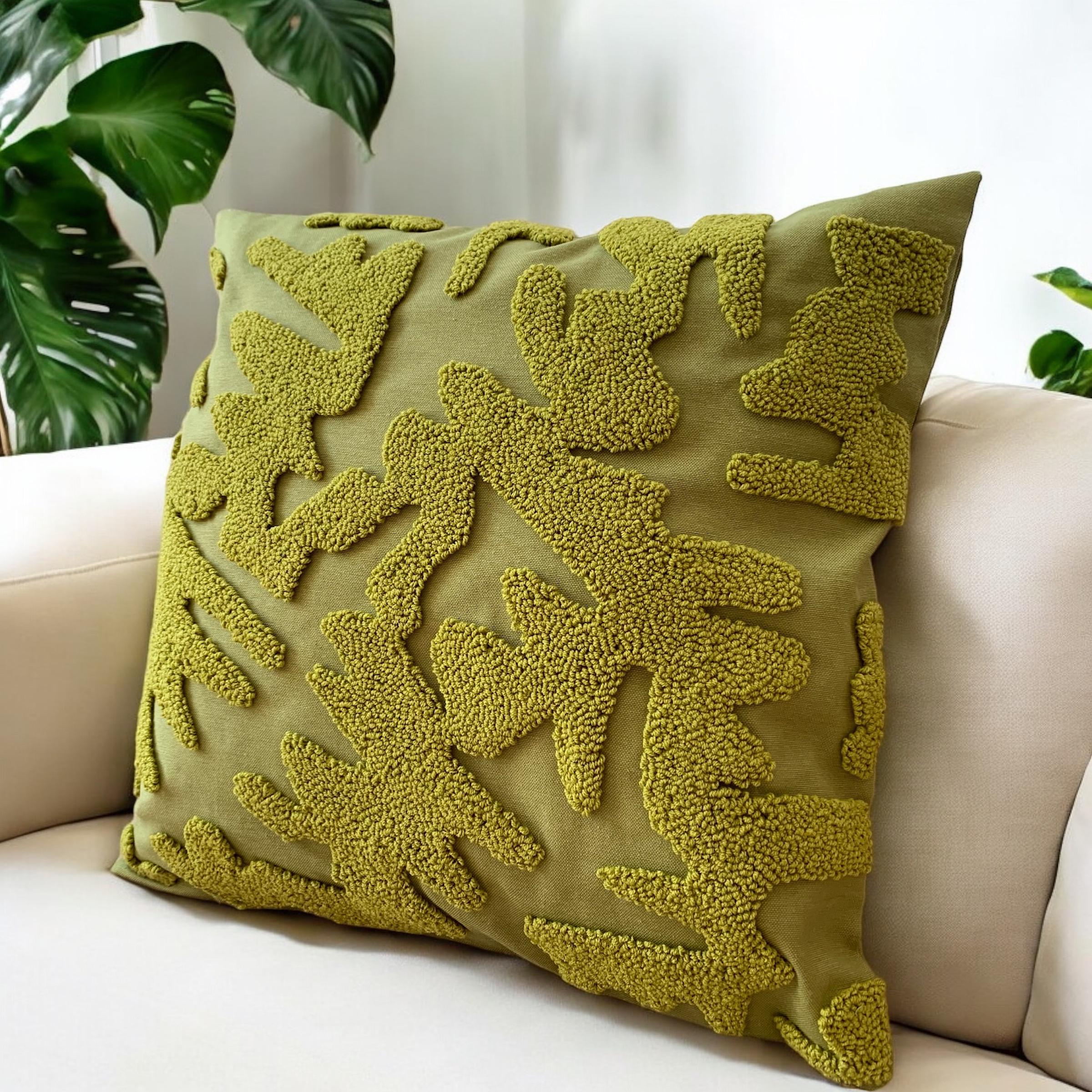 Olive Green Punch Pillow , Hand Tufted Punch Needle Pillow Cover ...