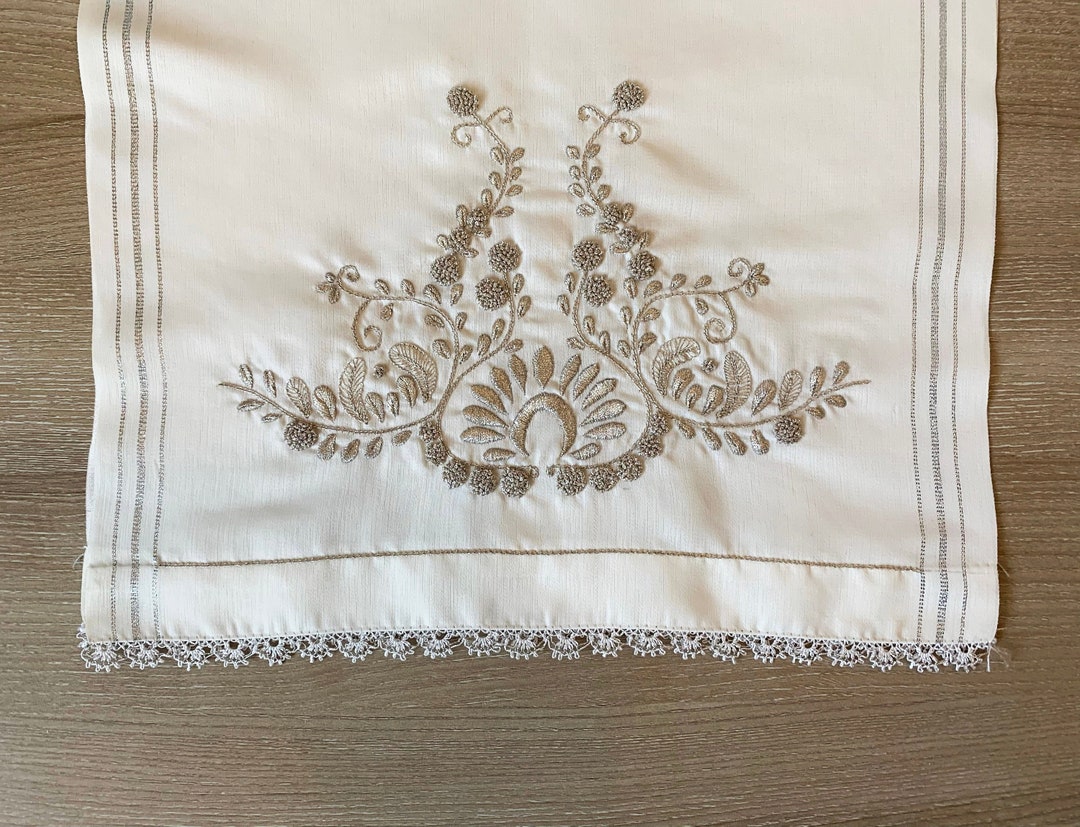 Traditional Turkish Embroidered Table Runner / Silver Hand Embroidered ...