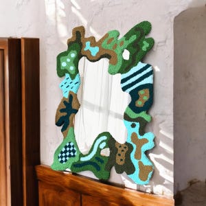 Handmade Tufted Mirror, Modern Punch Needle Mirror, Green Melting Round ...