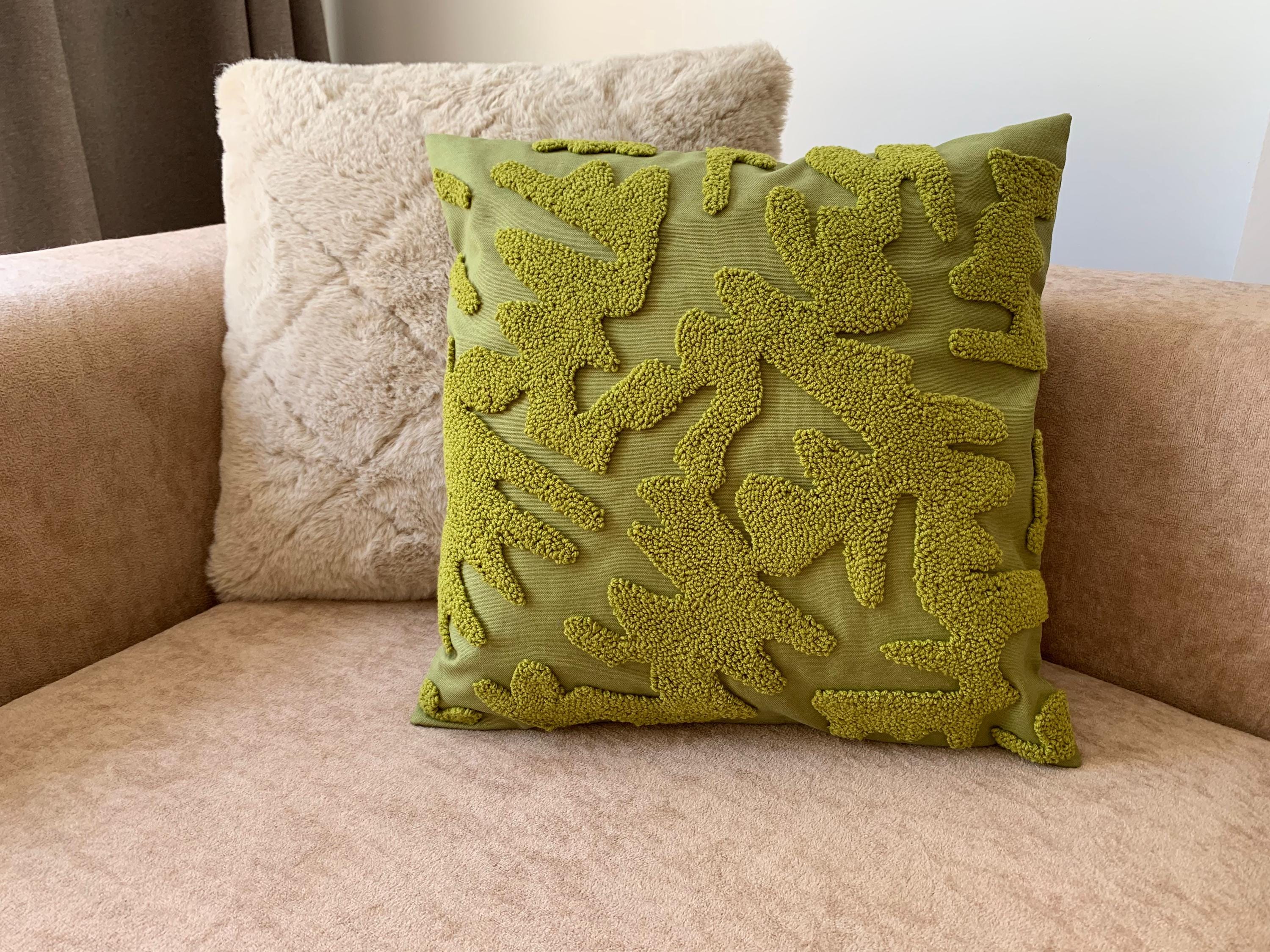 Olive Green Punch Pillow , Hand Tufted Punch Needle Pillow Cover ...