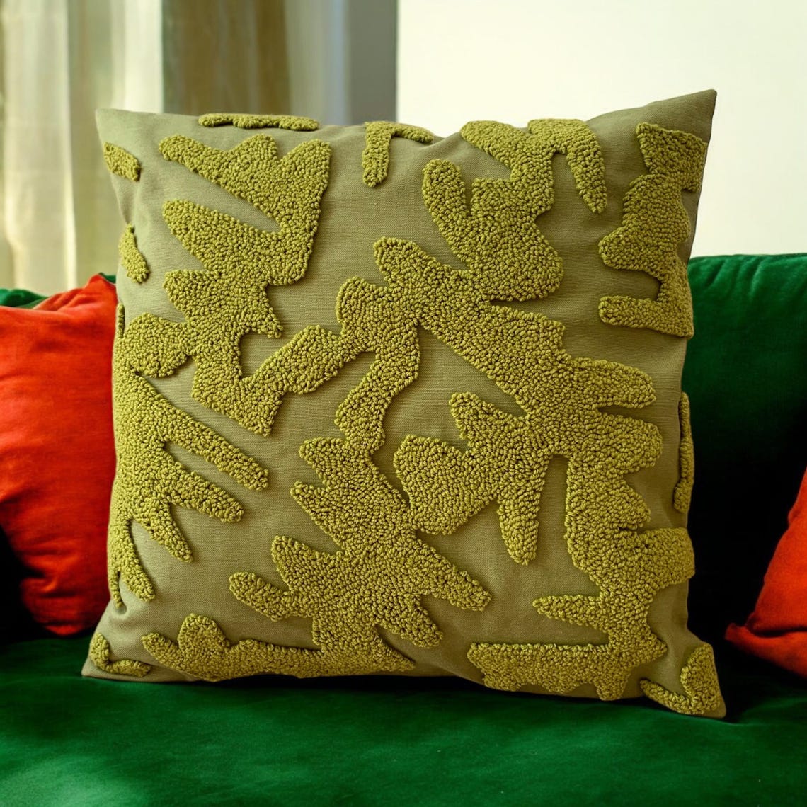 Olive Green Punch Pillow , Hand Tufted Punch Needle Pillow Cover ...