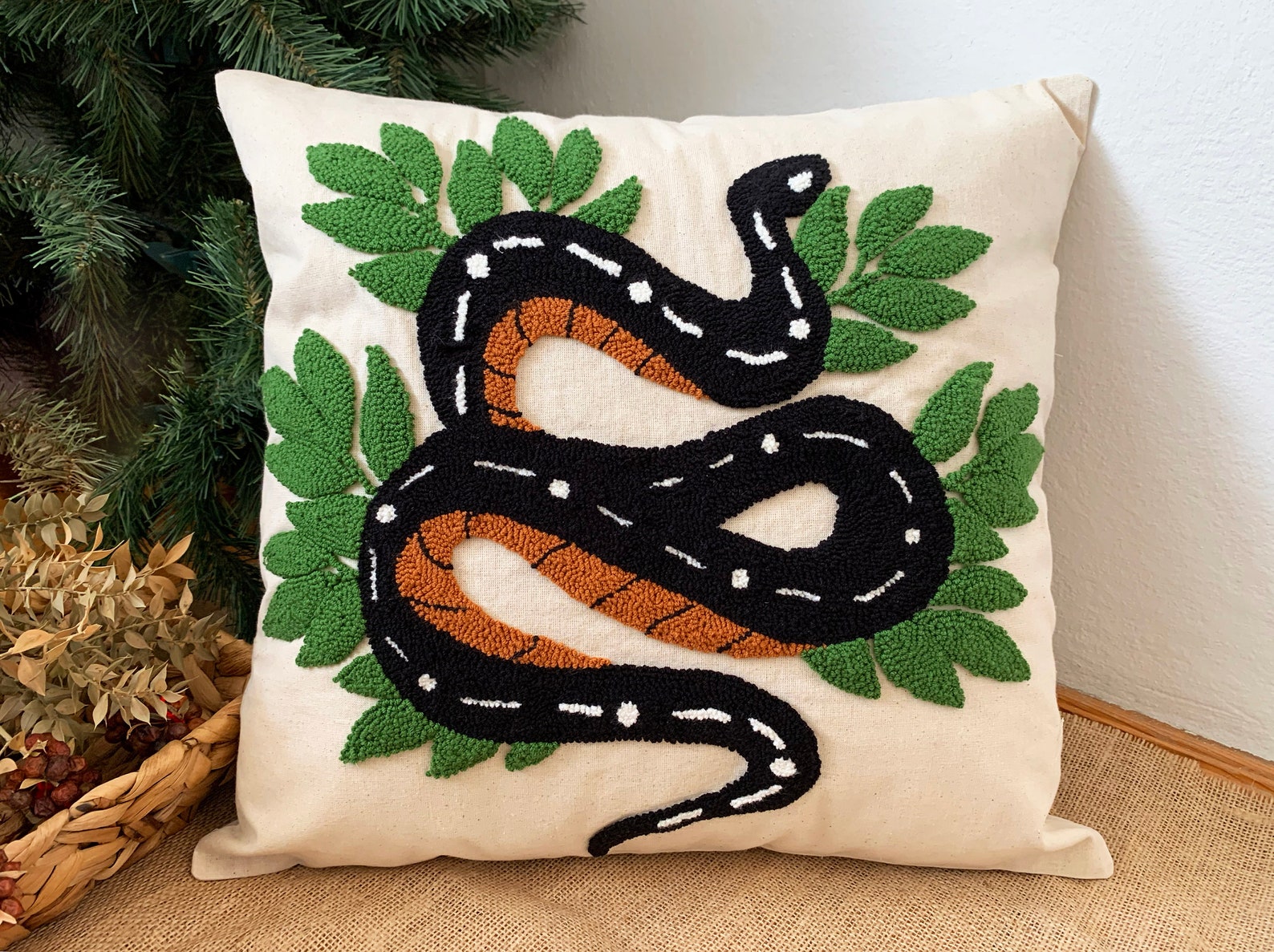 Handmade Snake Punch Needle Pillow Cover: Embroidered Cushion - Etsy