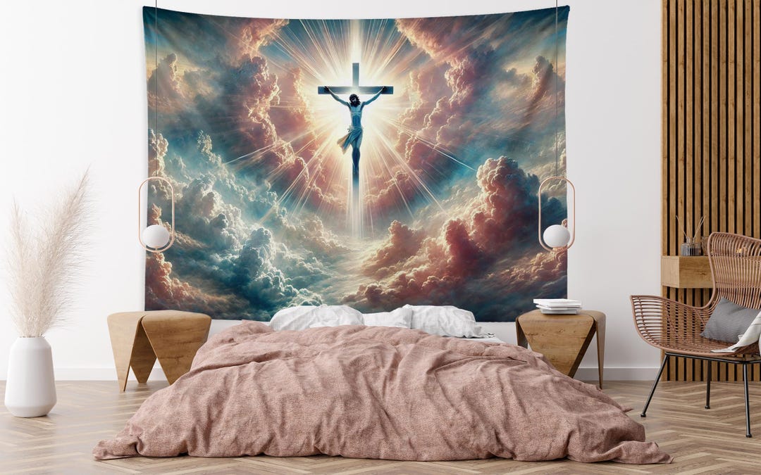Heavenly Jesus on Cross Wall Hanging Tapestry, Spiritual Cloud Art ...