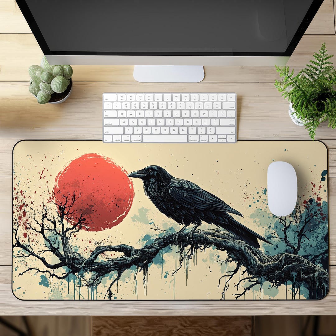 Japanese Red Sun and Raven Mouse Pad XXL - Desk Mat With Crow Ink Art ...