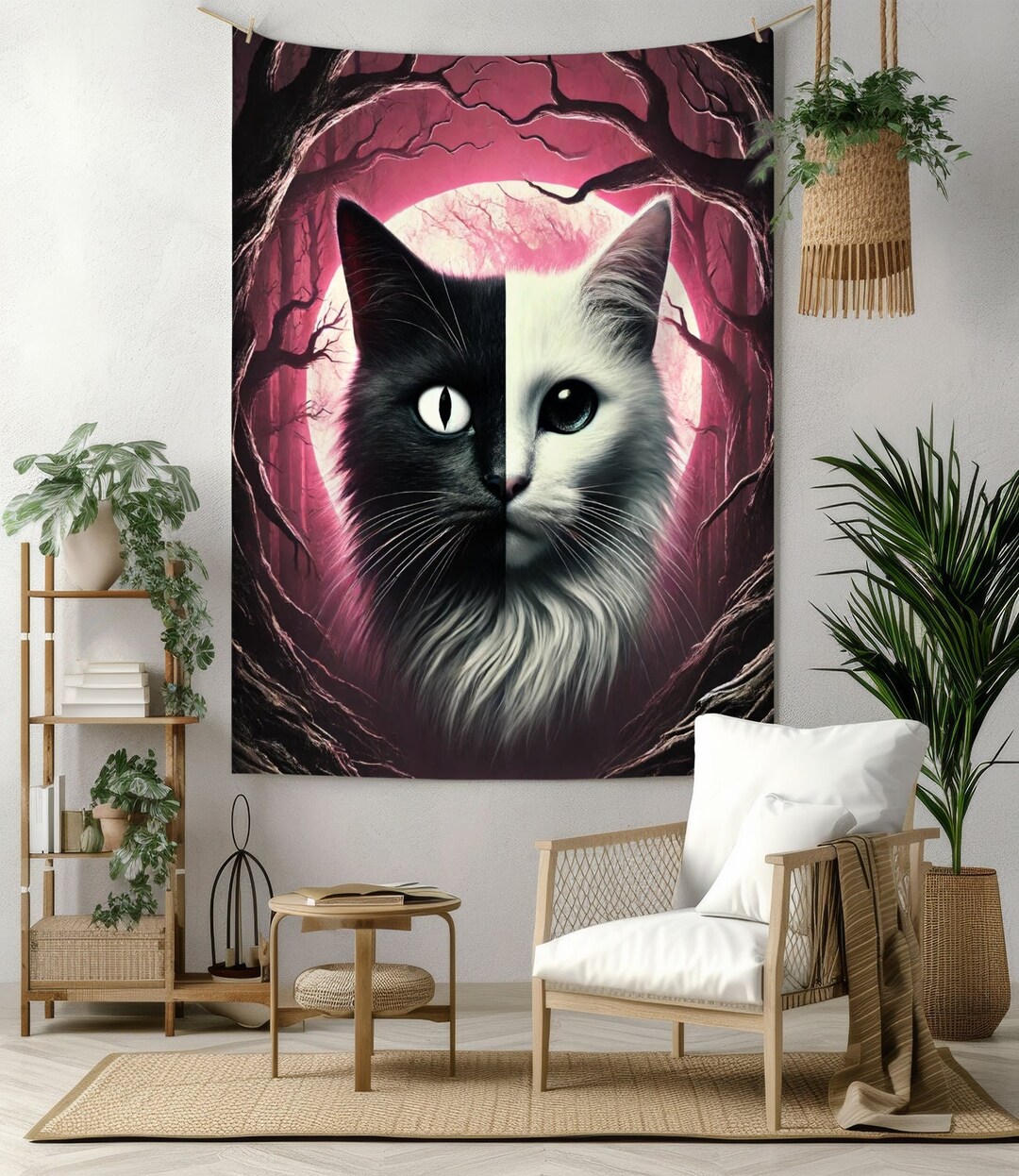 Mystical Black and White Cat Tapestry - Fantasy Forest Wall Hanging Art ...
