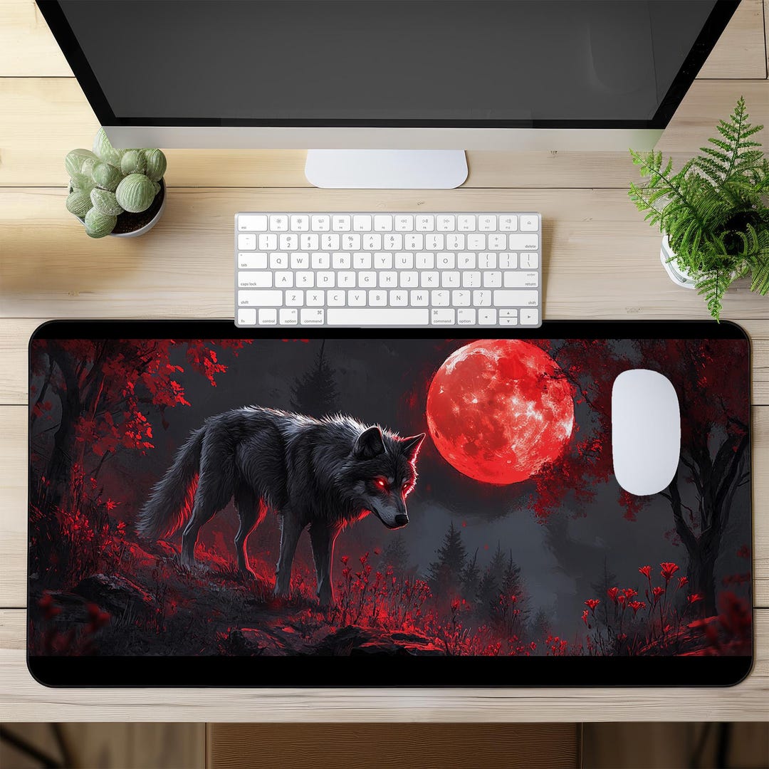 Blood Moon Wolf Desk Mat | Large Mouse Pad With Mystical Forest and ...