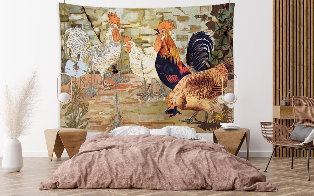 Rustic Farmhouse Tapestry, Chicken, Hen, Rooster Wall Tapestry Antique ...