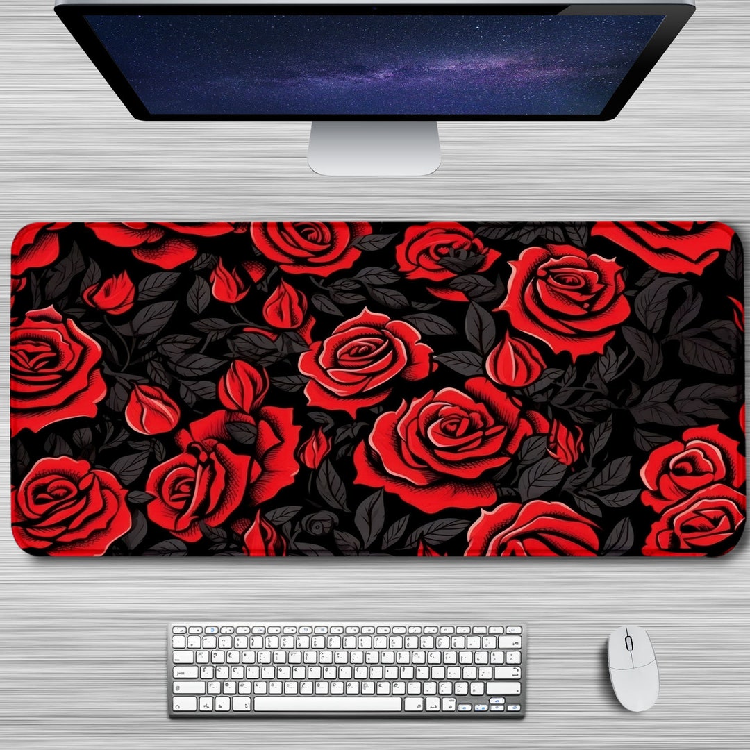 Aesthetic Desk Mat Floral Desk Pad Red Rose Floral Mouse Pad Black and ...