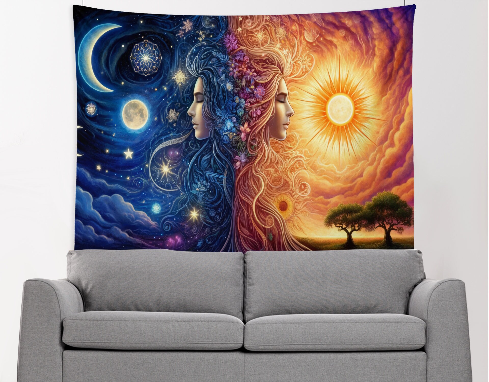 Yin Yang Sun and Moon Wall Hanging Tapestry, Cosmic Balance Art ...
