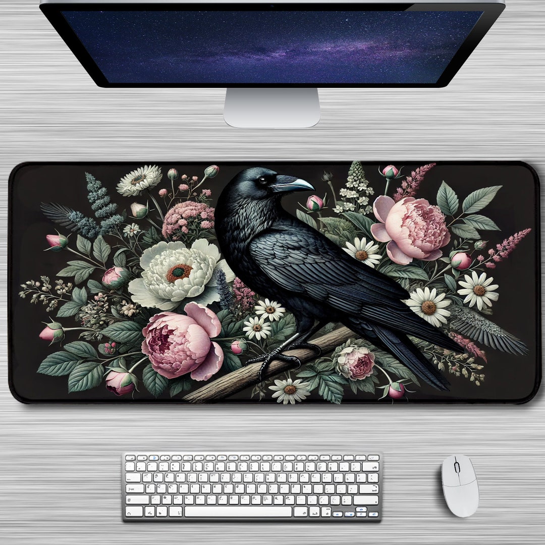 Moody Gothic Raven and Floral Desk Mat XXL Gaming Mousepad Large Goth ...