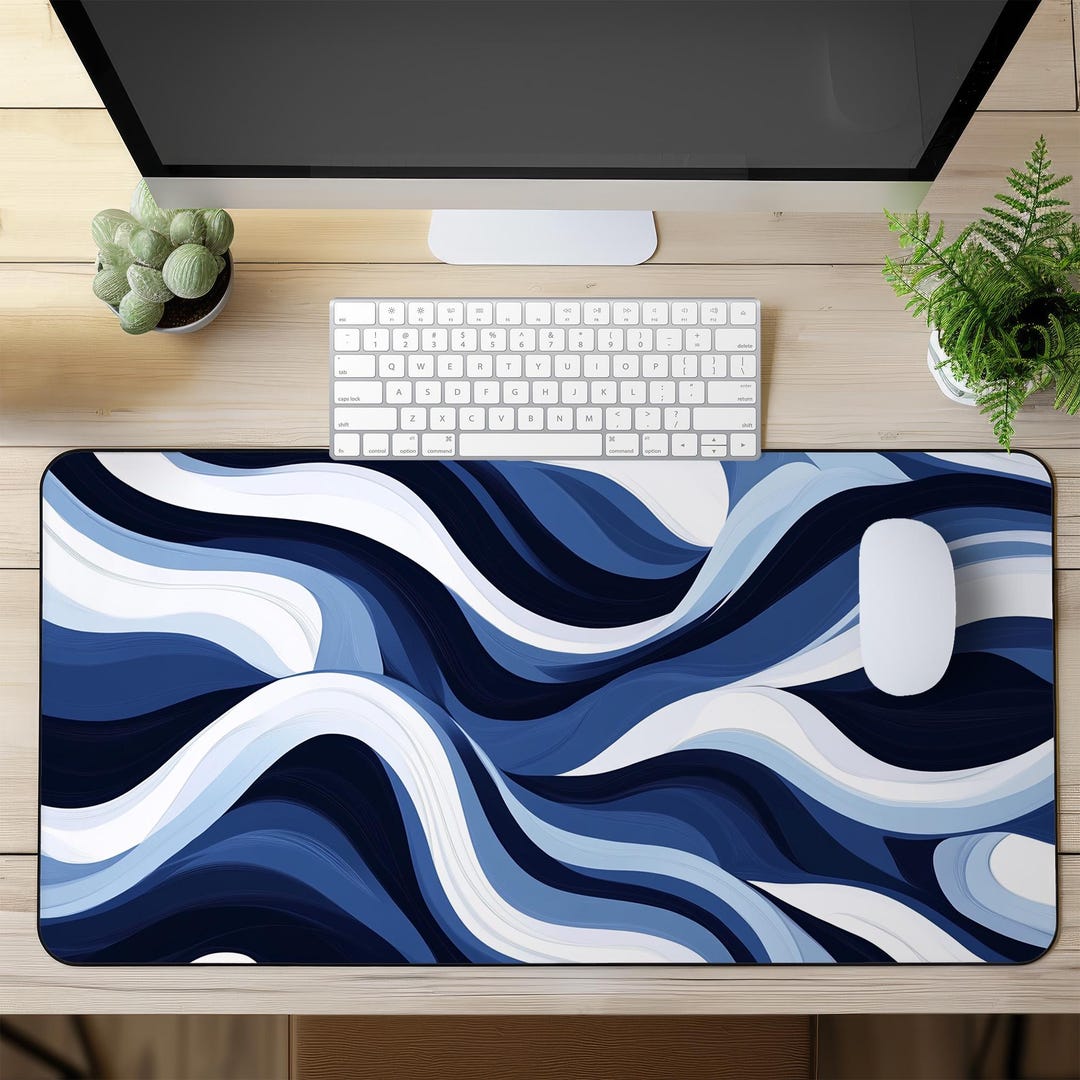 Abstract Blue Wave Gaming Desk Mat XXL, Large Mousepad With Modern ...