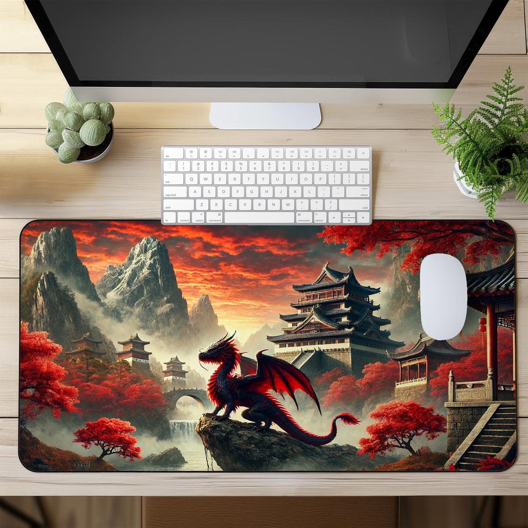Dragon Desk Mat, Large Fantasy Mouse Pad, Asian Temple Gaming Mat ...