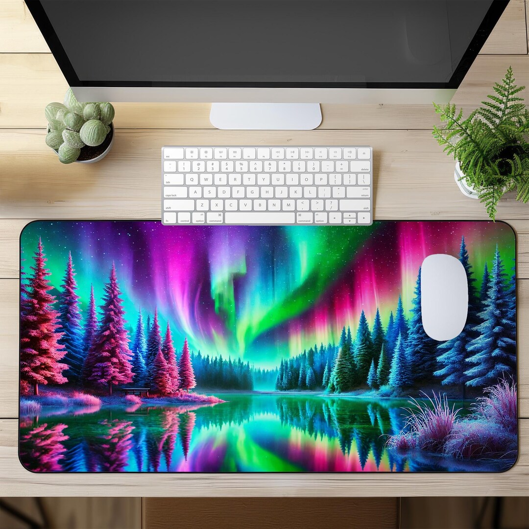 Northern Lights Desk Mat | Large Mouse Pad With Vibrant Aurora Borealis and Forest Design | Non ...
