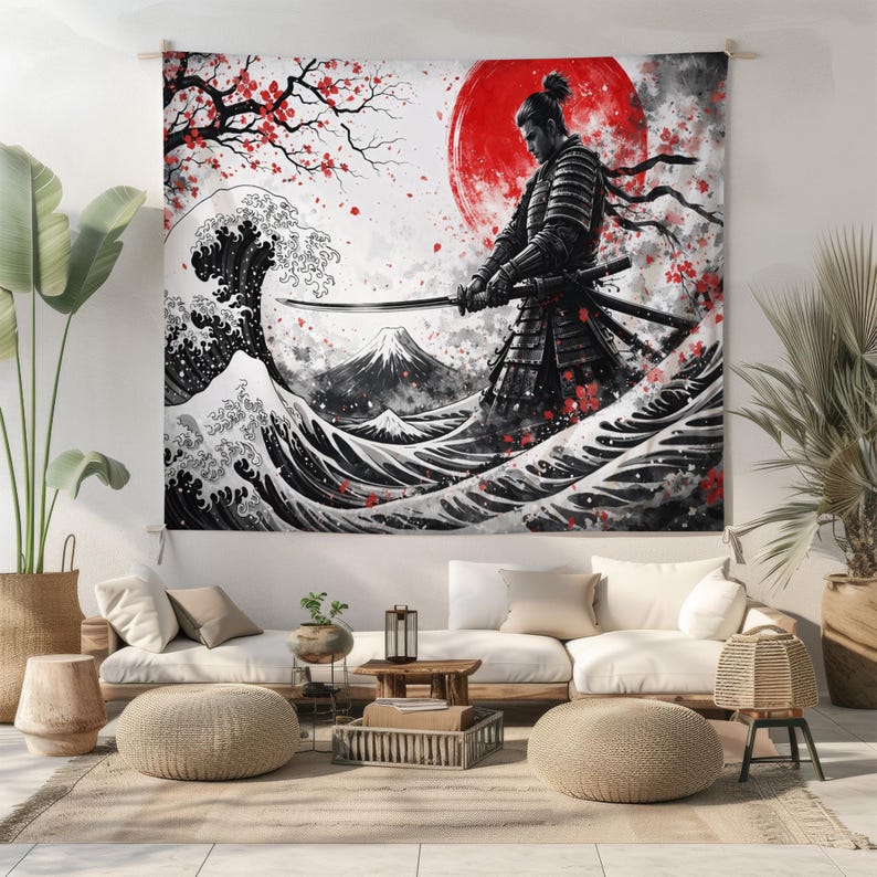 Samurai Warrior Tapestry Japanese Great Wave Red Sun Wall Art Decor - Etsy