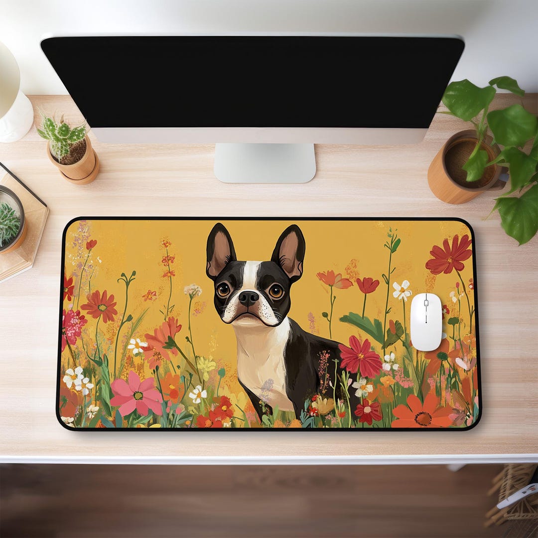 Boston Terrier Gaming Mouse Pad, Large Floral Desk Mat, Non-slip XXL ...