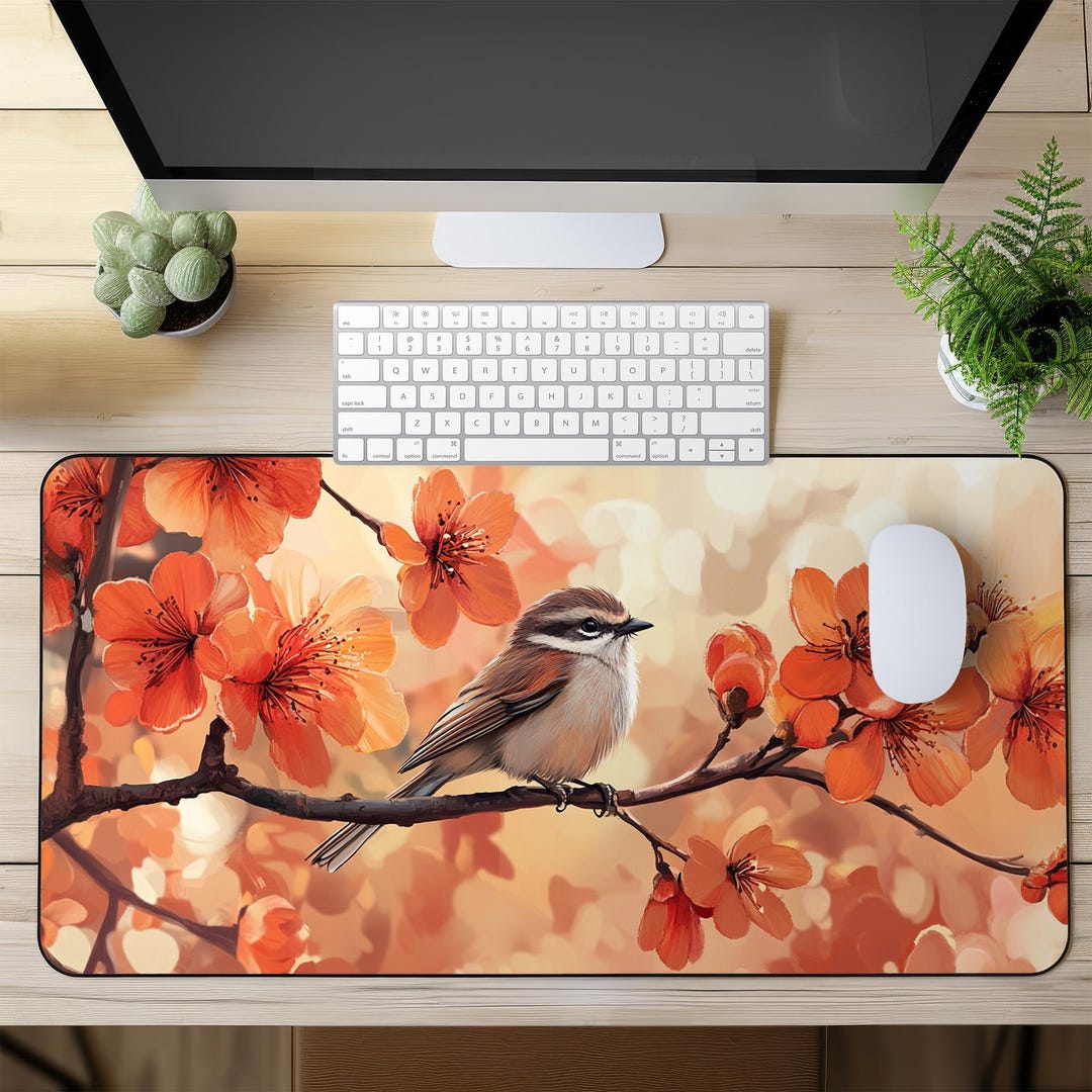 Bird Desk Mat - Large Floral Mousepad, Sparrow on Cherry Blossom Desk ...