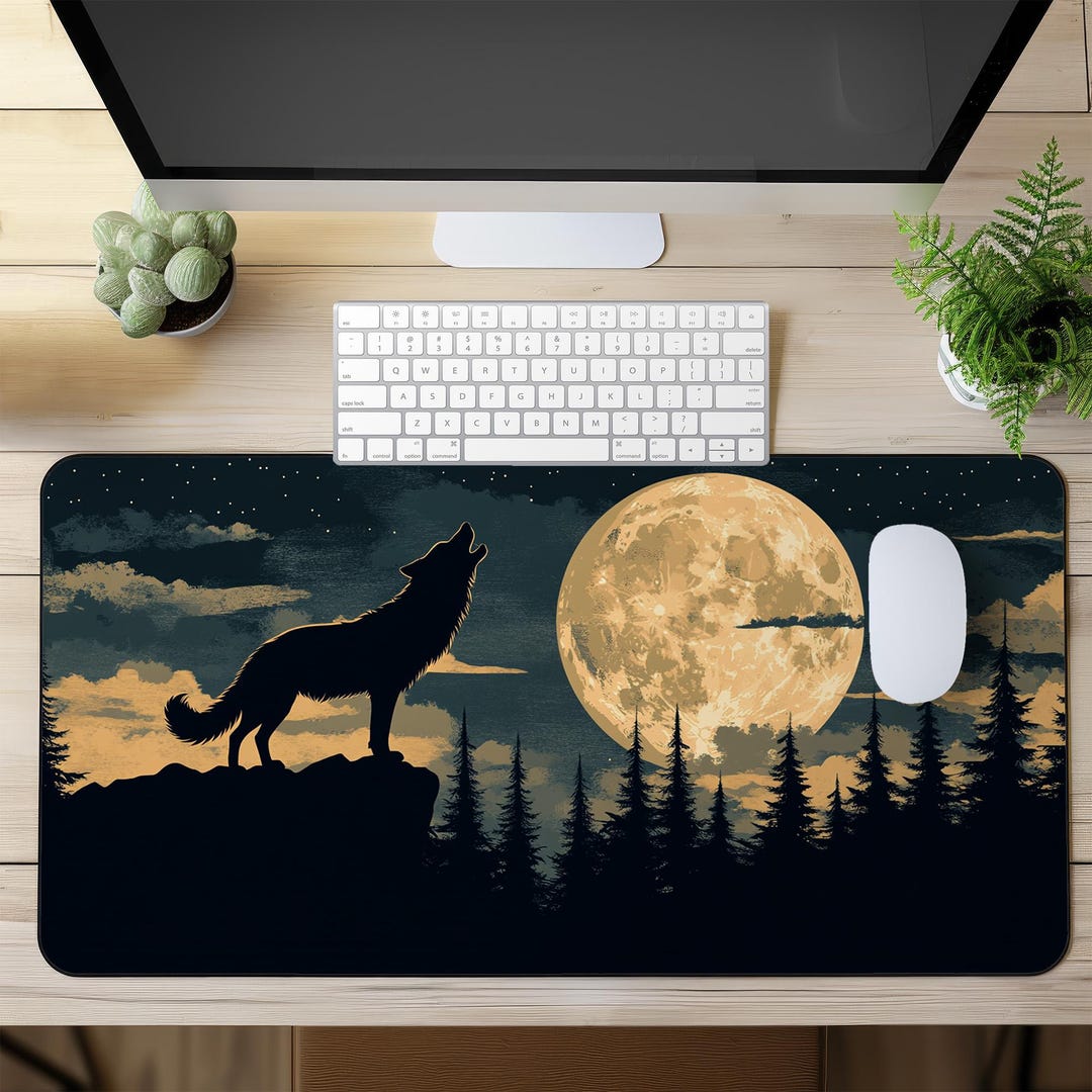XXL Gaming Mouse Pad With Howling Wolf & Full Moon, Large Extended Desk ...