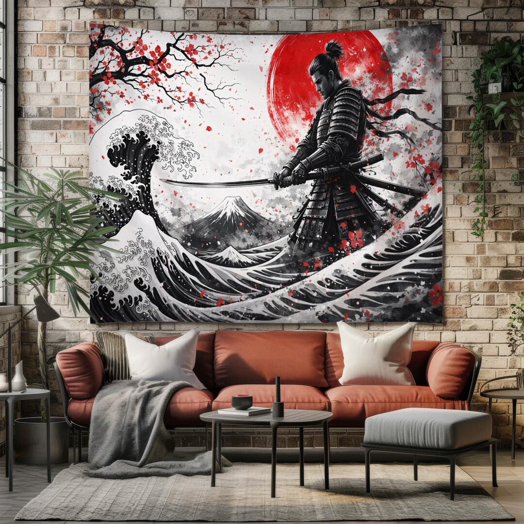 Samurai Warrior Tapestry Japanese Great Wave Red Sun Wall Art Decor - Etsy
