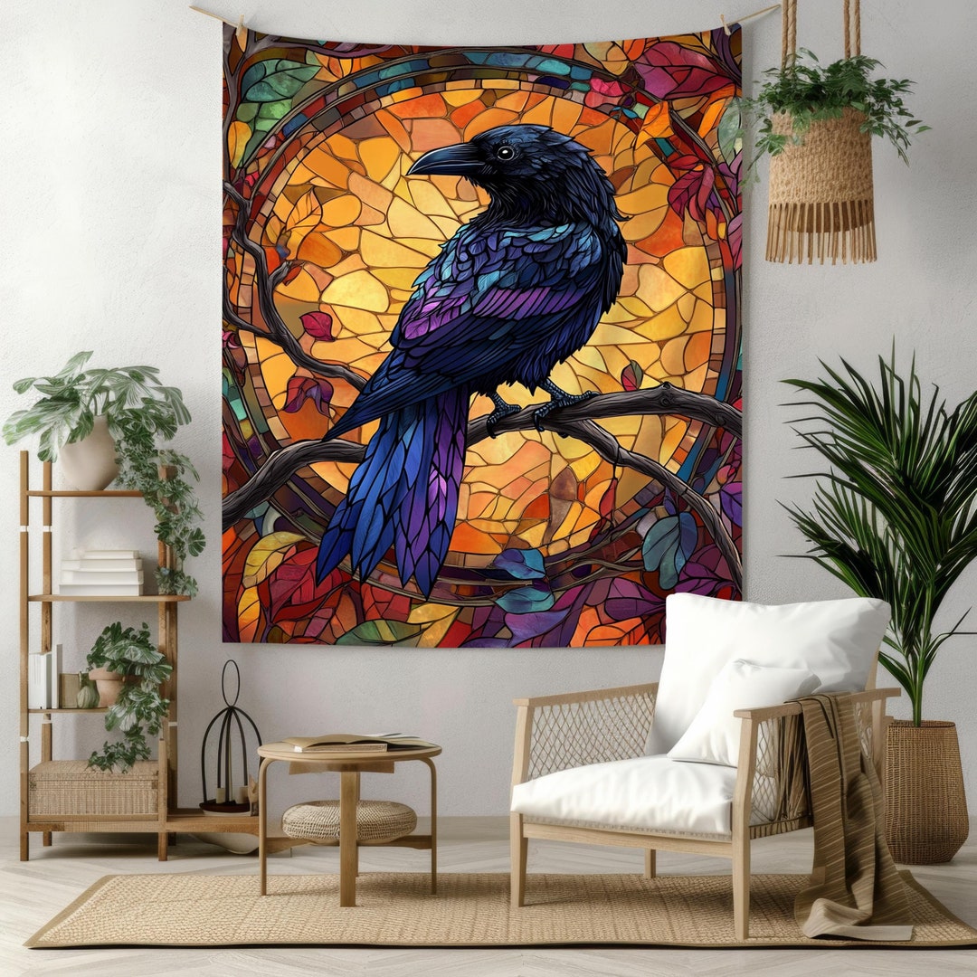 Stained Glass Raven Tapestry, Gothic Wall Hanging, Colorful Bird ...