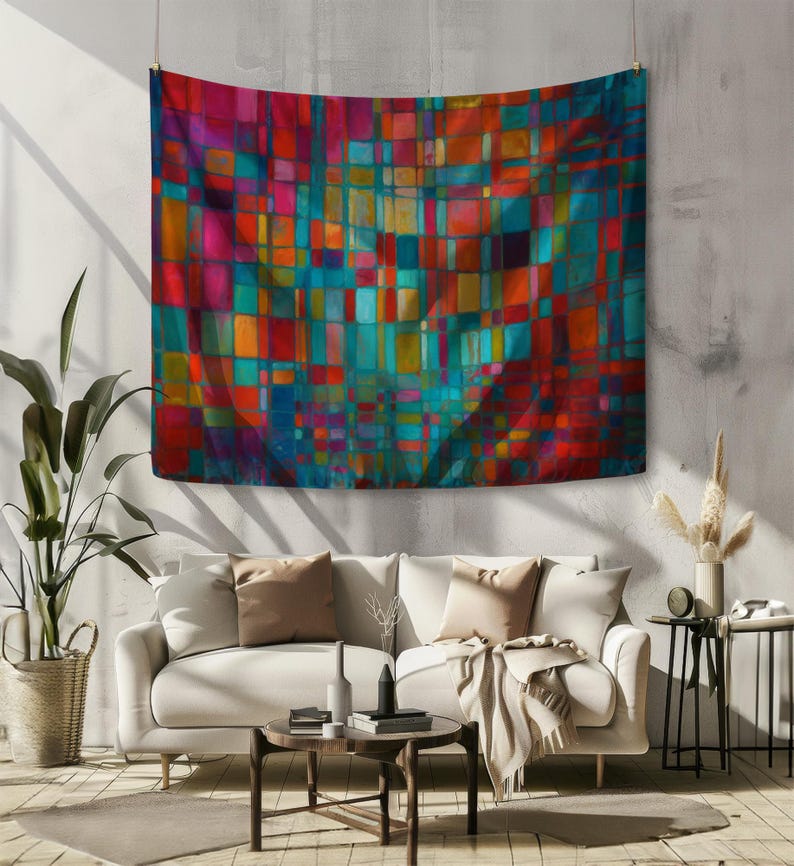 Colorful Abstract Grid Tapestry – Modern Boho Wall Art for Maximalist ...
