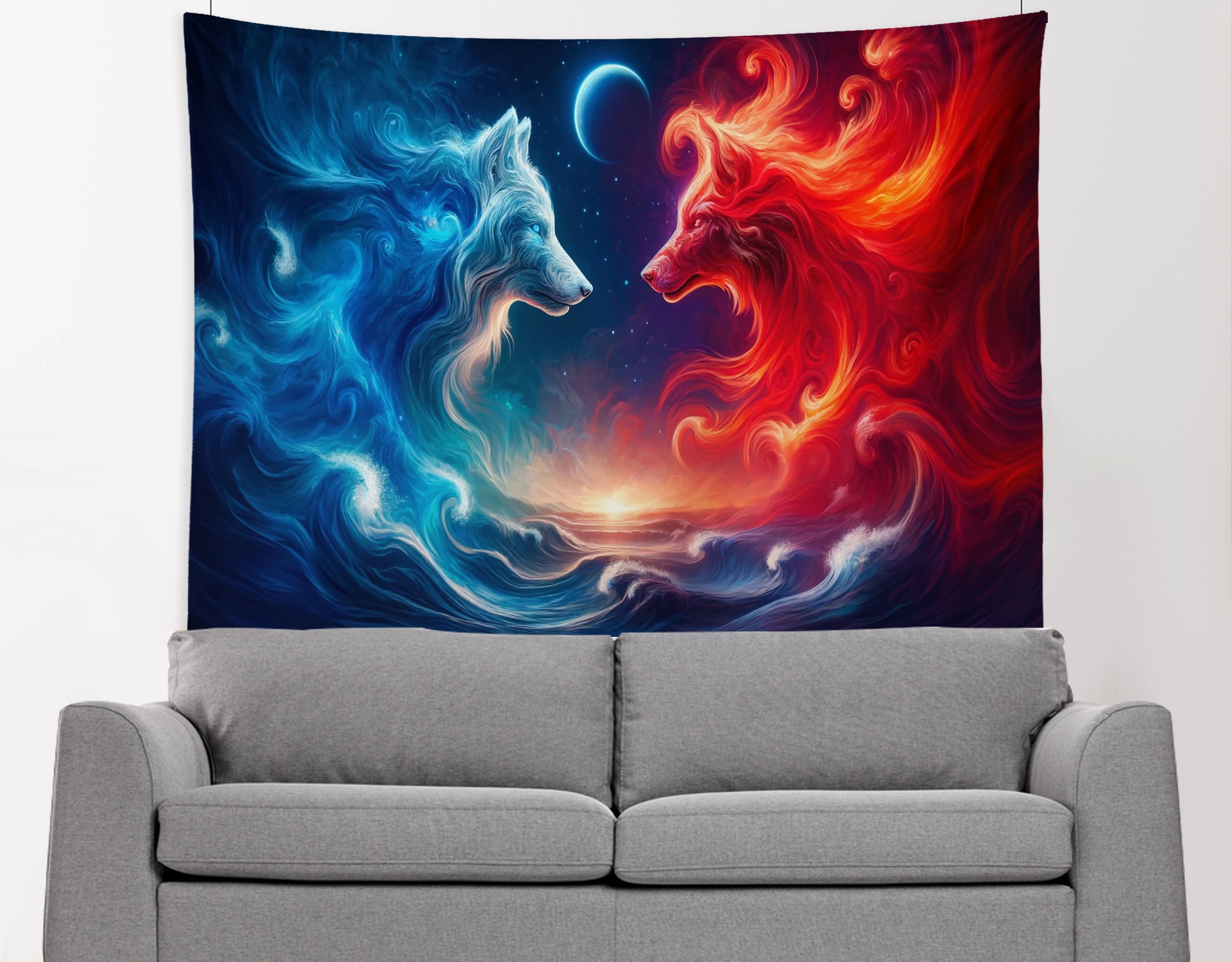 Fire and Ice Wolf Wall Hanging Tapestry, Vibrant Animal Art Tapestries ...