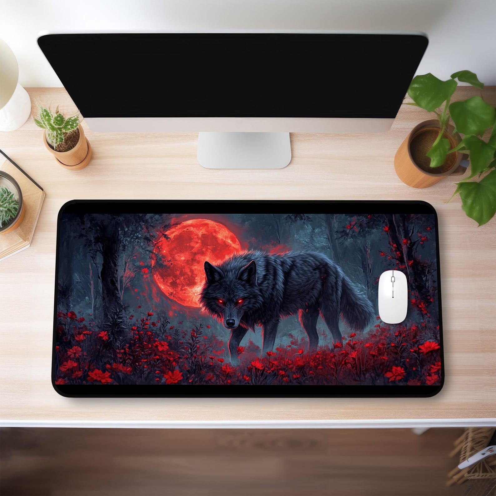 Blood Moon Wolf Desk Mat | Large Mouse Pad With Fierce Wolf and Lunar ...
