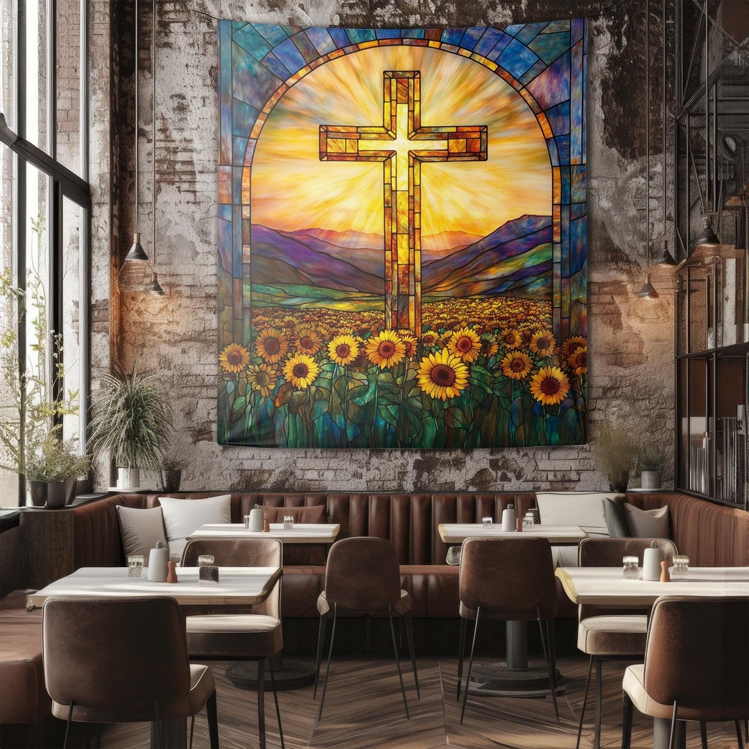 Stained Glass Art Cross Tapestry, Sunflower Wall Hanging, Christian ...