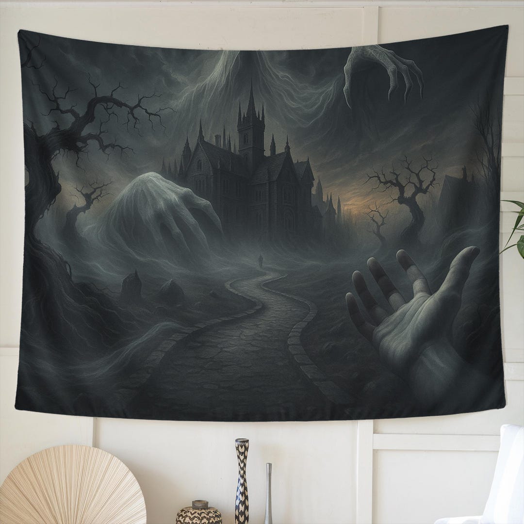 Gothic Horror Tapestry Wall Art – Haunted Castle With Ghostly Hands and ...