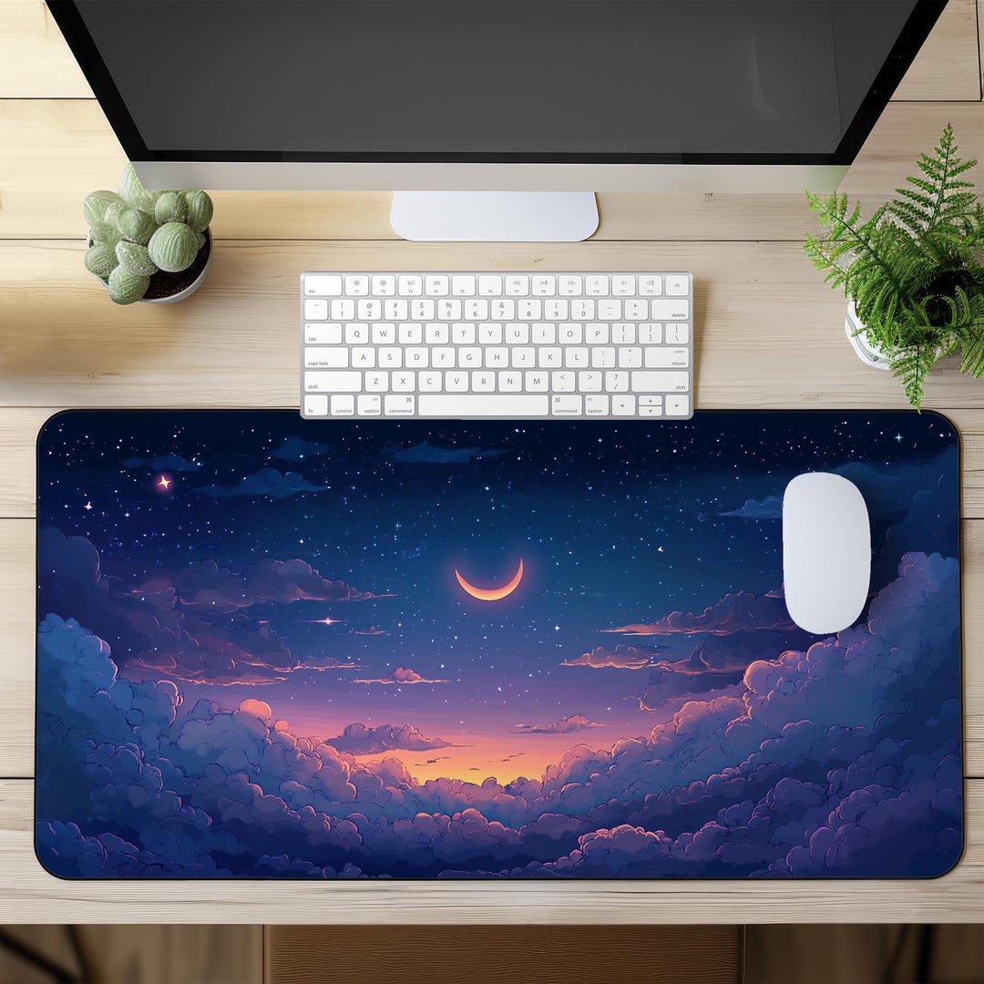 Twilight Sky and Crescent Moon Desk Mat, XXL Mouse Pad, Starry Night ...