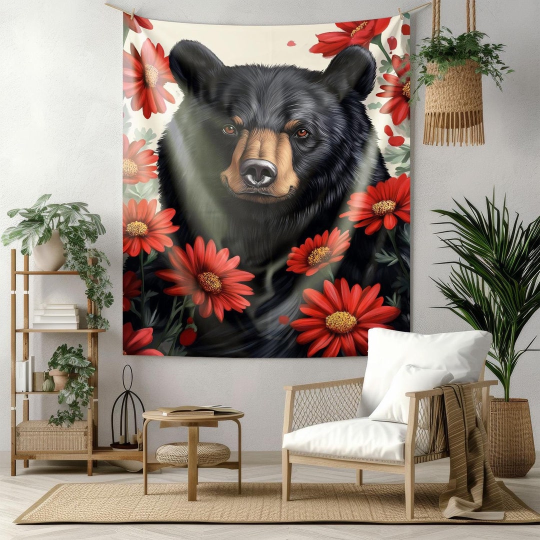 Floral Black Bear Tapestry Wall Hanging, Nature-inspired Animal ...