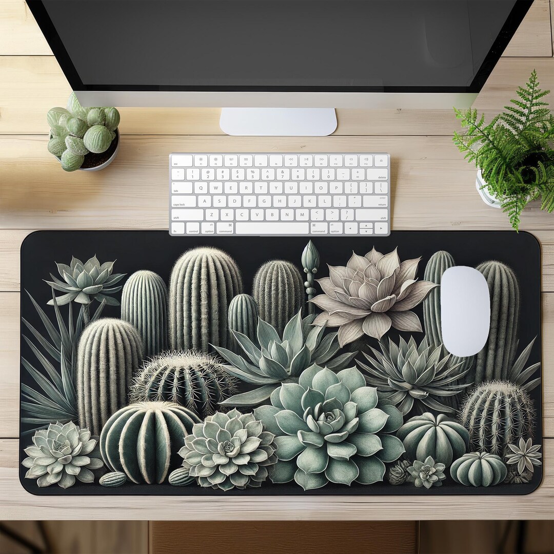 Succulent and Cactus Desk Mat, Large Non-slip Mouse Pad With Botanical ...