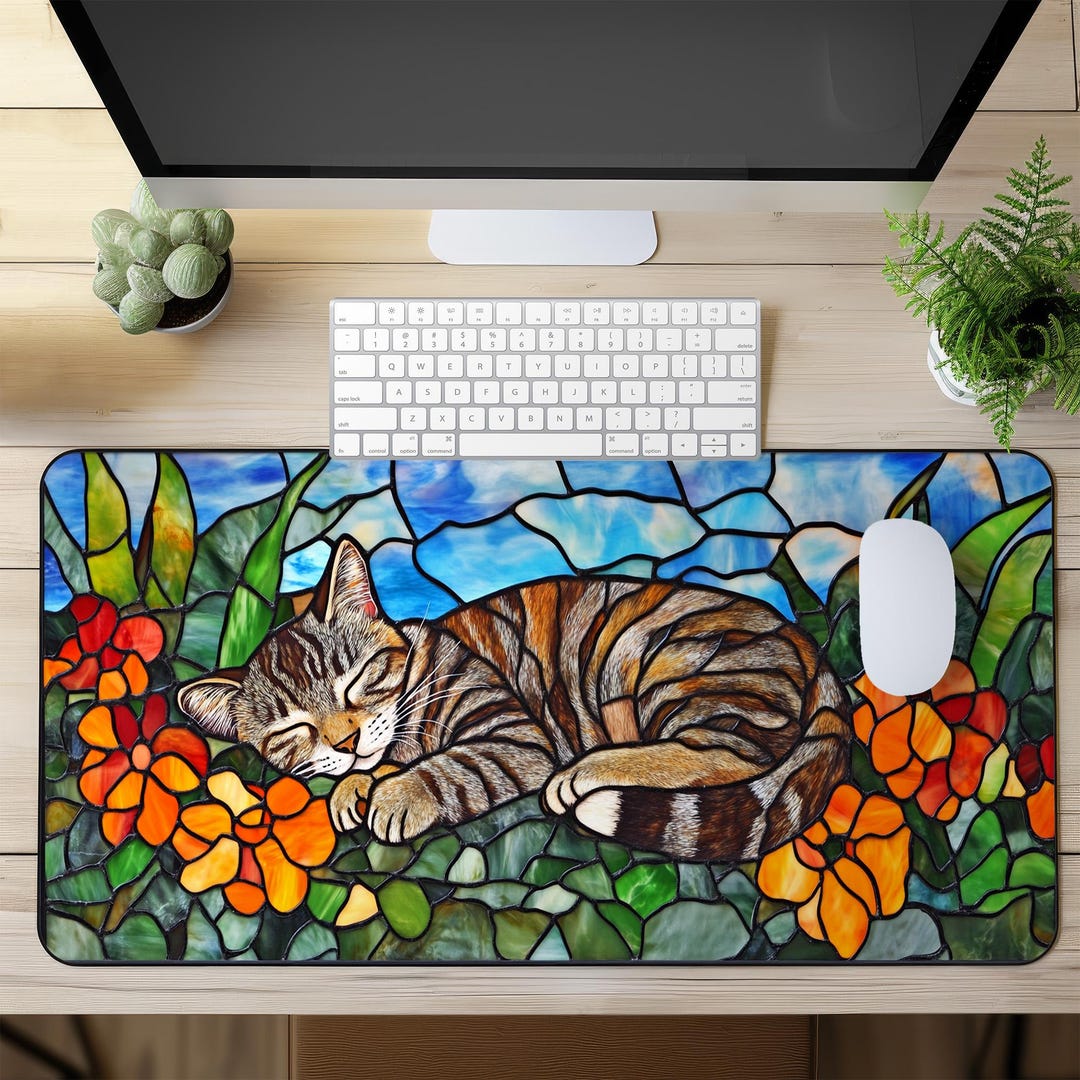 Large Cat Desk Mat – Sleeping Tabby in Floral Stained Glass Art ...