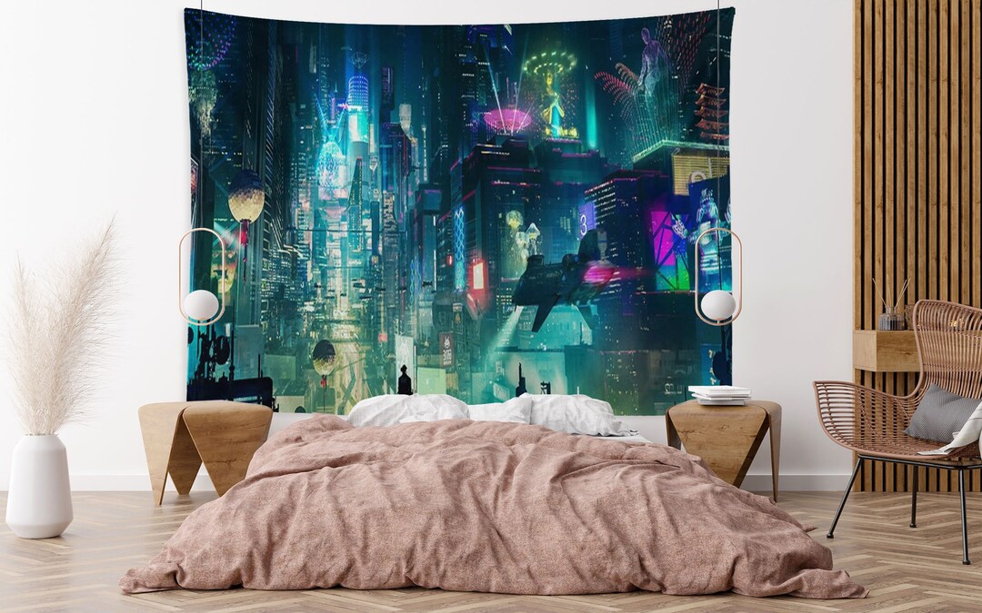 Cyberpunk Wall Art Tapestry Futuristic Cityscape Wall Tapestry Future ...