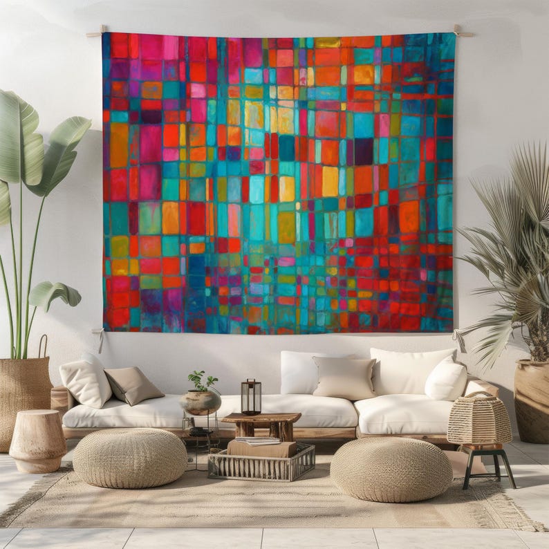 Colorful Abstract Grid Tapestry – Modern Boho Wall Art for Maximalist ...