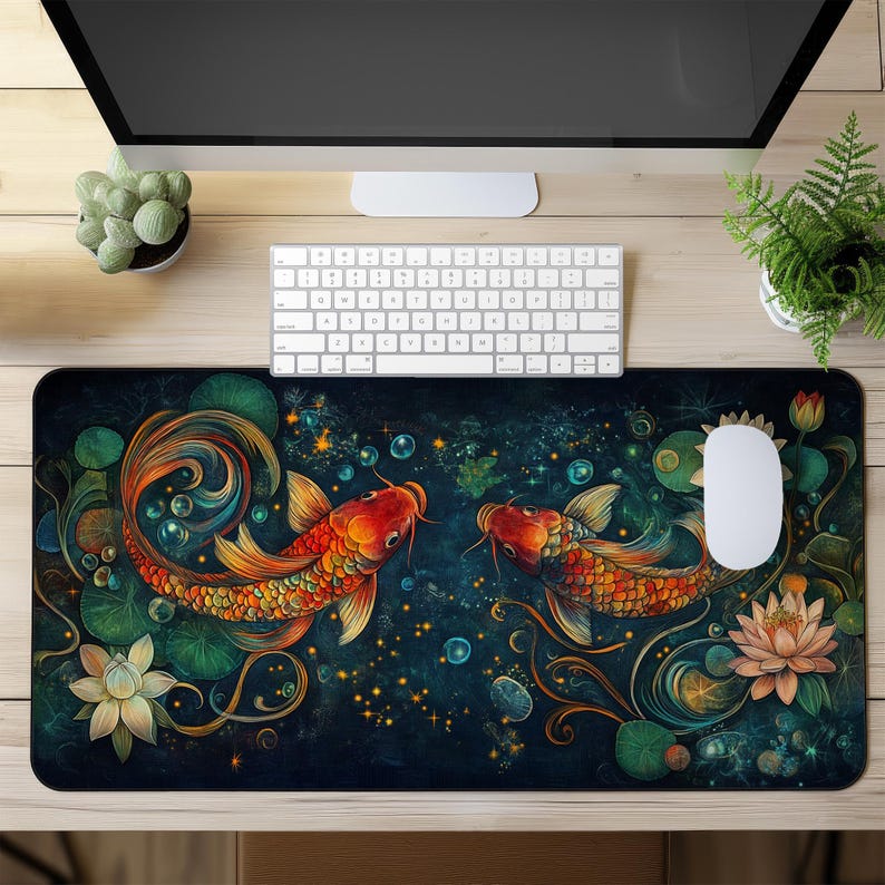 Koi Fish Gaming Mouse Pad XL, Japanese Lotus Pond Desk Mat, Zen ...