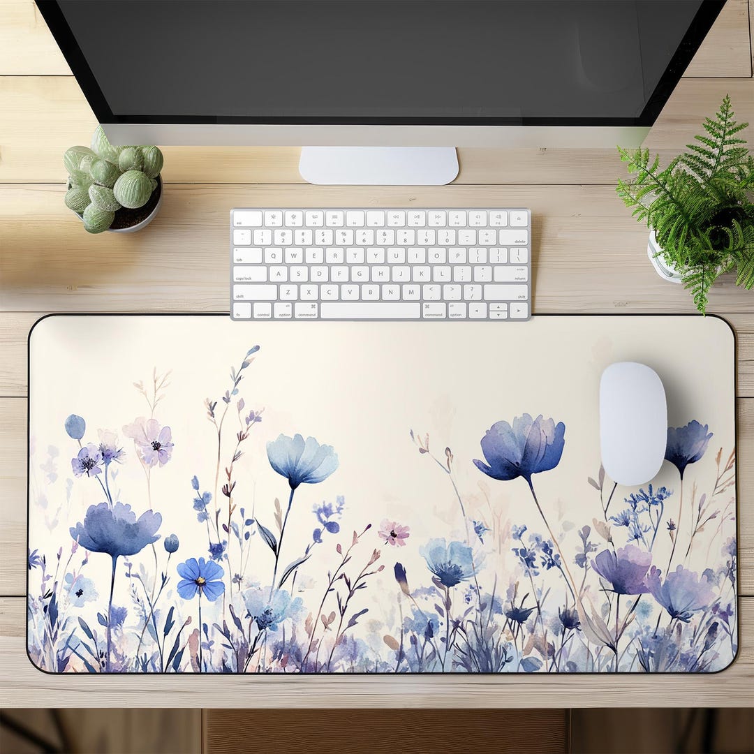 Elegant Blue Floral Desk Mat | Oversized Mouse Pad With Watercolor ...