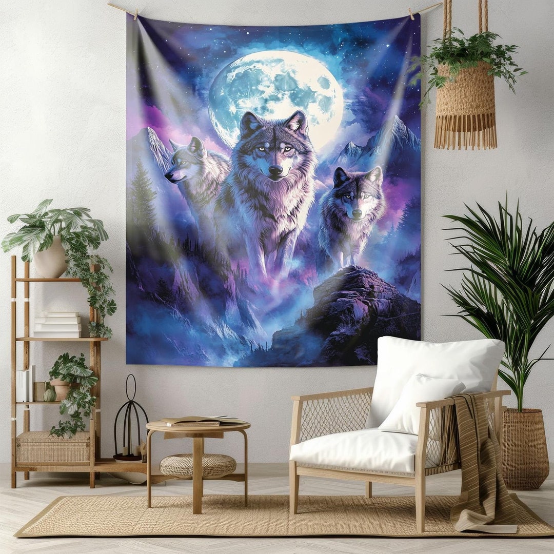 Wolf Pack Tapestry Wall Hanging - Majestic Wolves Under Full Moon Art ...