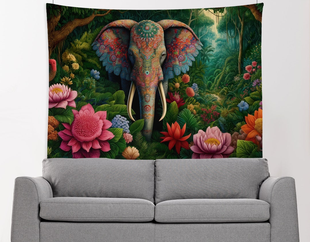 Colorful Elephant Wall Hanging Tapestry, Floral Jungle Elephant ...