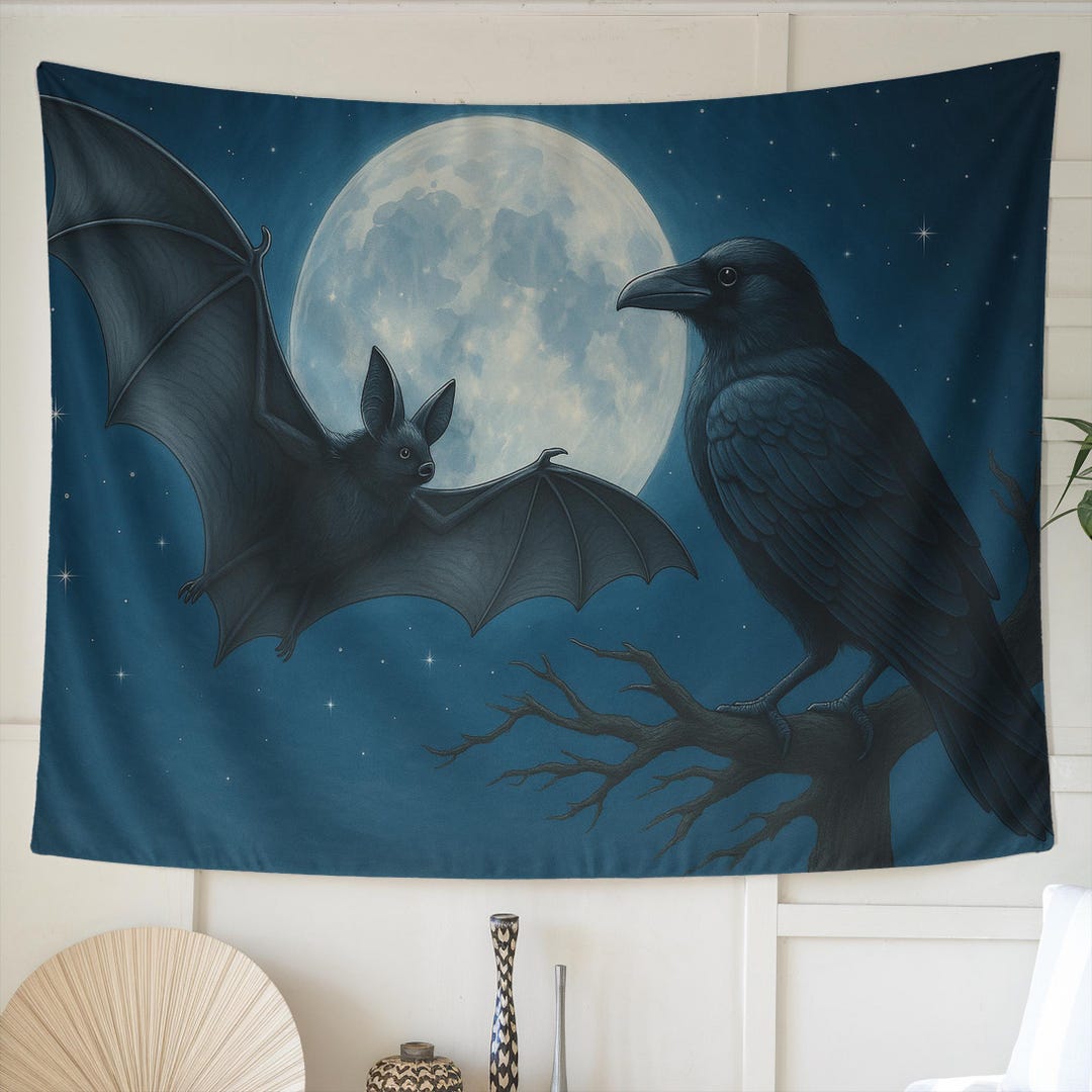 Raven and Bat Tapestry With Full Moon | Gothic Wall Art for Bedroom ...